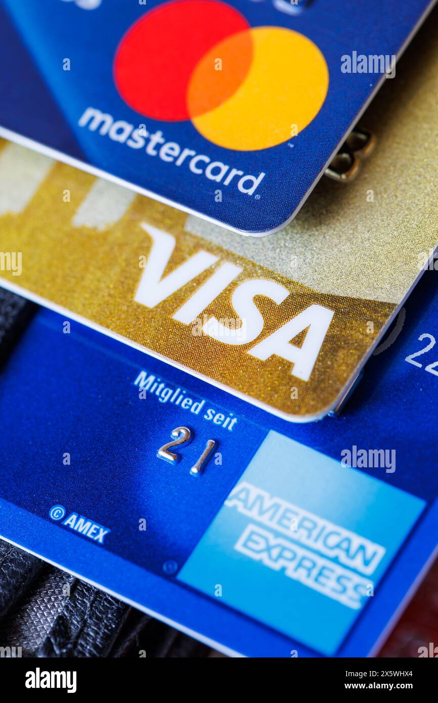 Stuttgart, Germany - May 1, 2024: Credit cards from VISA, Mastercard ...