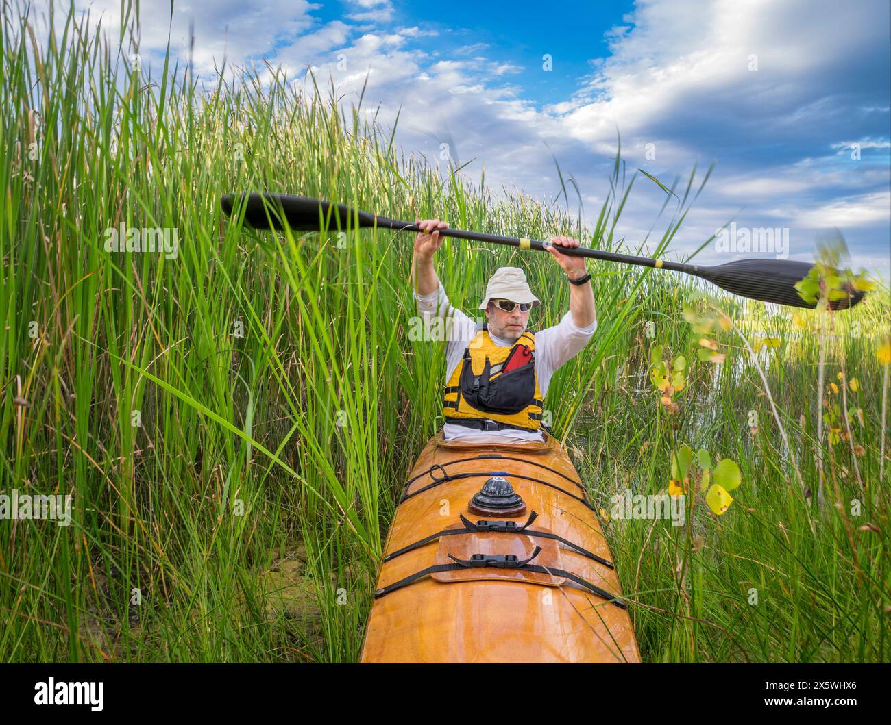 bow view of a senior male paddling a home built wooden sea kayak ...