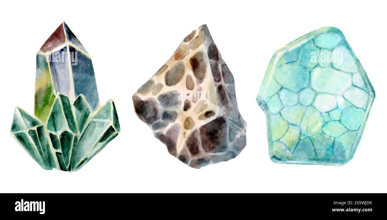 Crystal and stone in jurassic peroid . Watercolor painting style ...