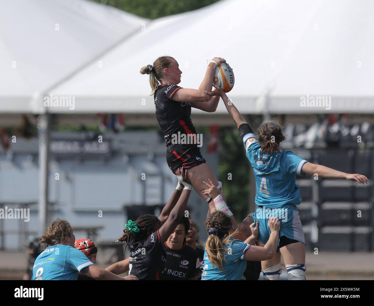 London, England, May 11 2024: Fiona McIntosh (4 Saracens) claims the ...