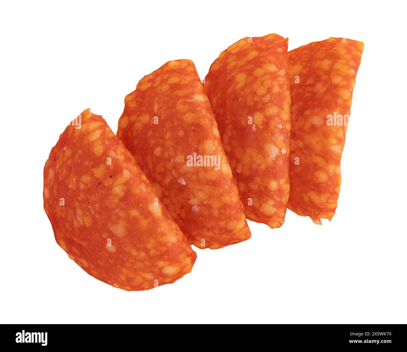 folded slices of chorizo salami sausage isolated on white background with clipping path, top ...