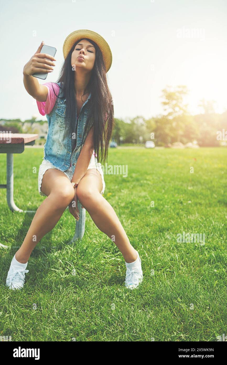 Bench, girl and selfie with attitude in park for profile picture on ...