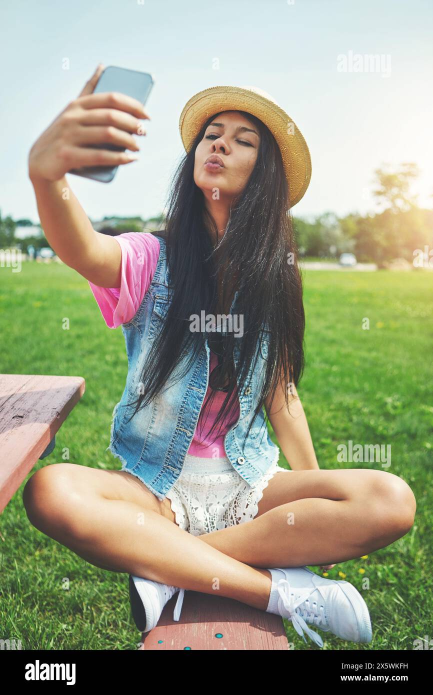 Smile, girl and selfie on bench in park for profile picture on social ...
