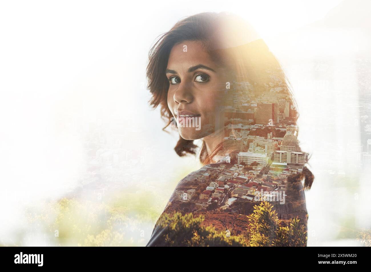 Woman, double exposure and portrait with cityscape, buildings and ...