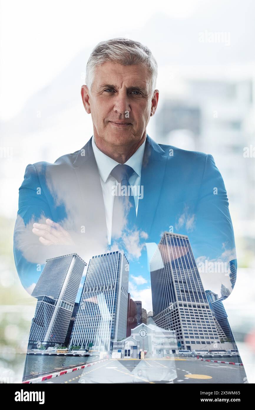 Man, double exposure and road on cityscape in portrait at office, arms ...