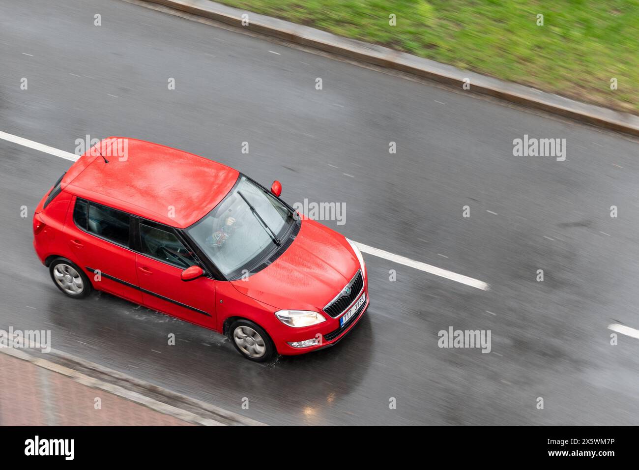 OSTRAVA, CZECH REPUBLIC - MARCH 23, 2024: Red Skoda Fabia II vehicle ...