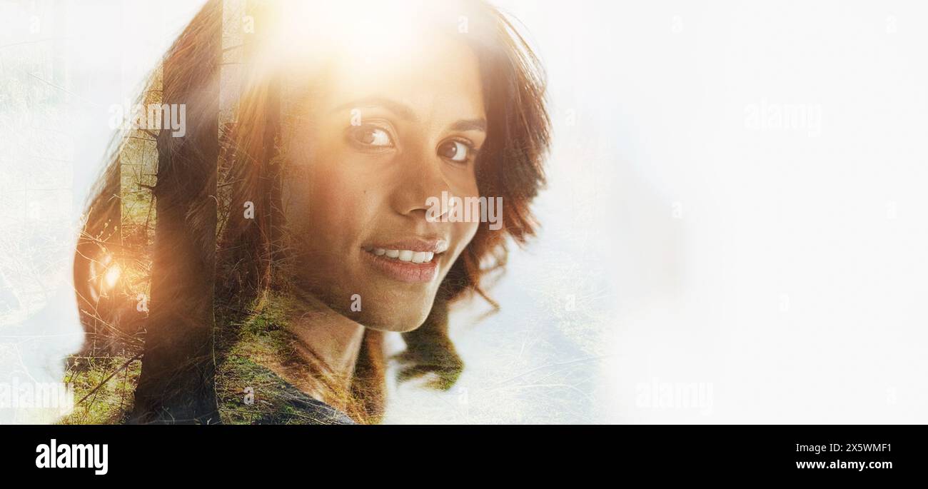 Business woman, double exposure and forest with portrait, smile and ...