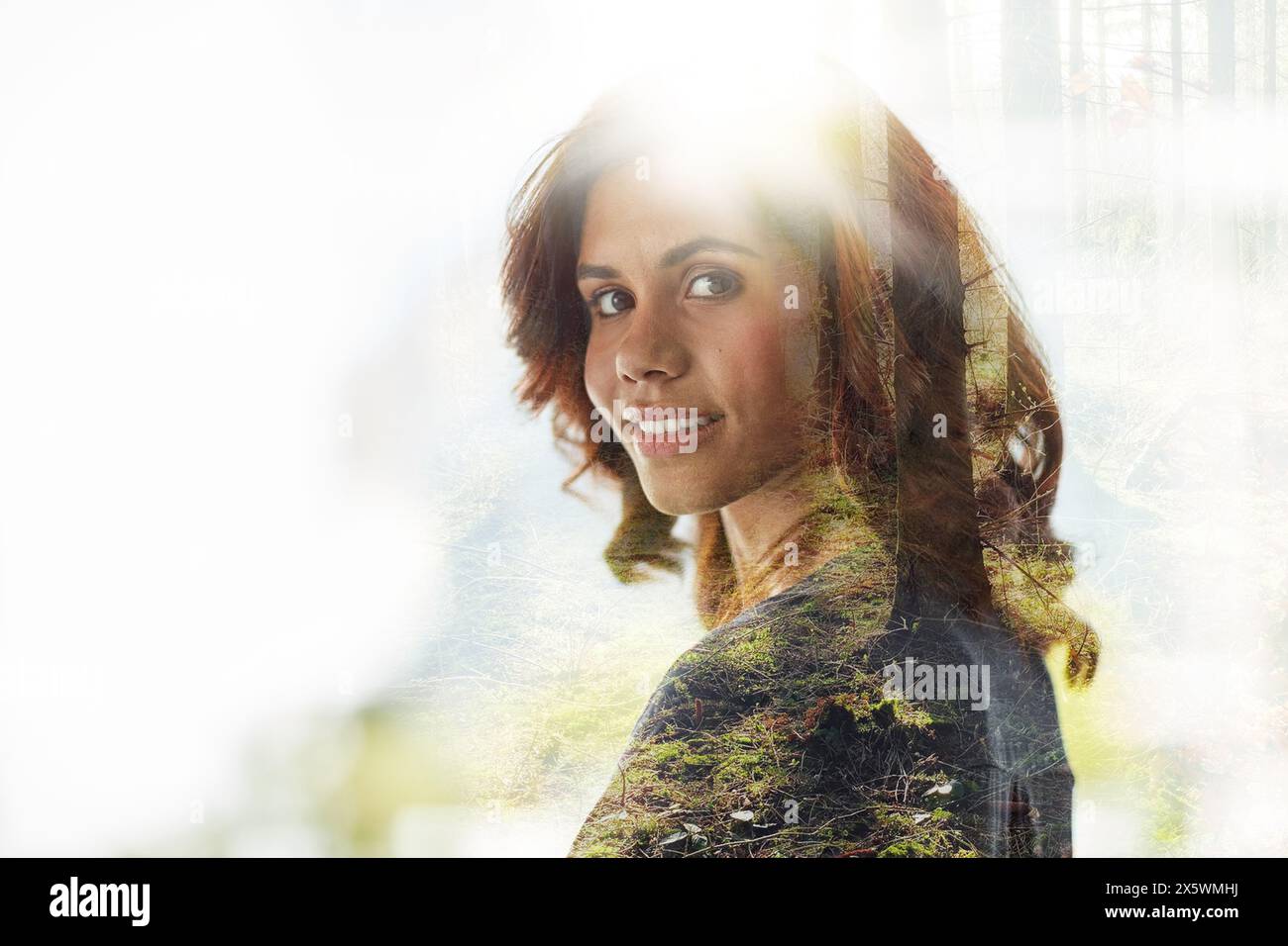 Business woman, double exposure and trees with portrait, smile and ...