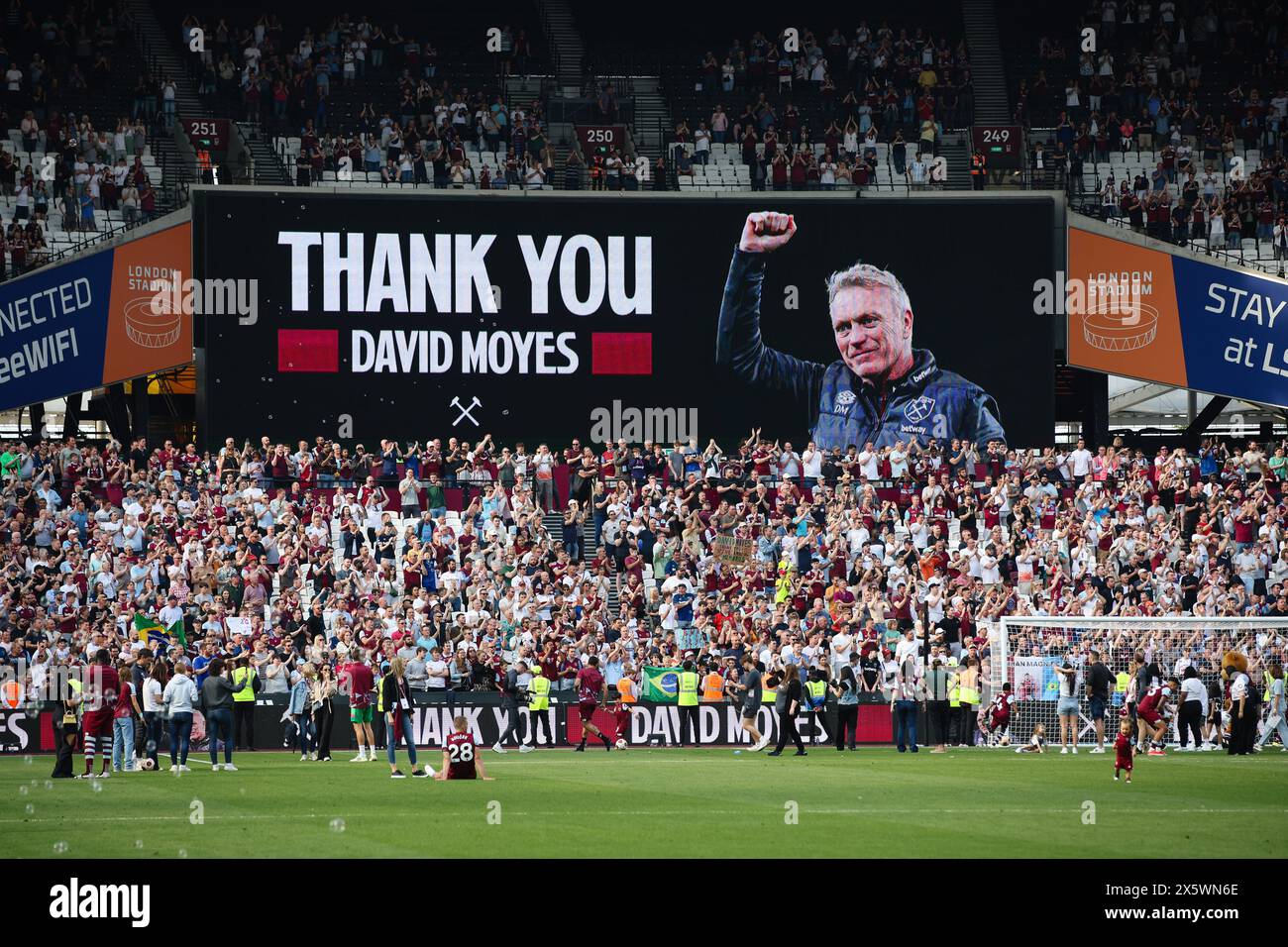LONDON, UK - 11th May 2024: The stadium screen thanks West Ham United ...