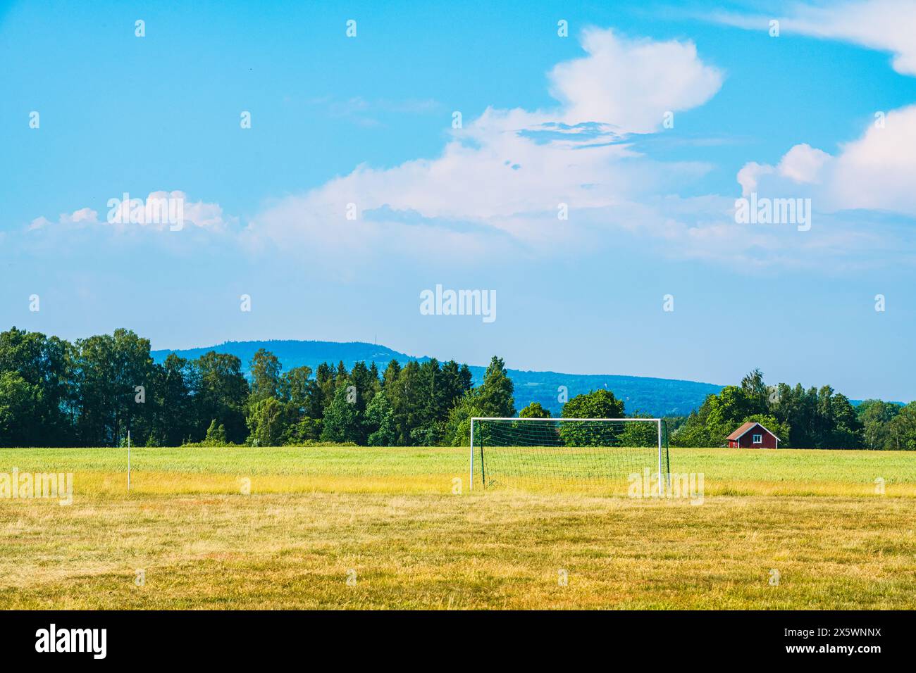 A soccer field in Sweden with a soccer goal positioned in the center ...