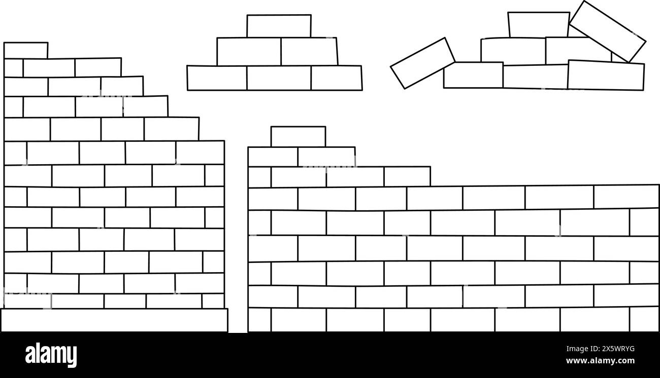 Vector black and white brick wall set. Construction site illustration ...