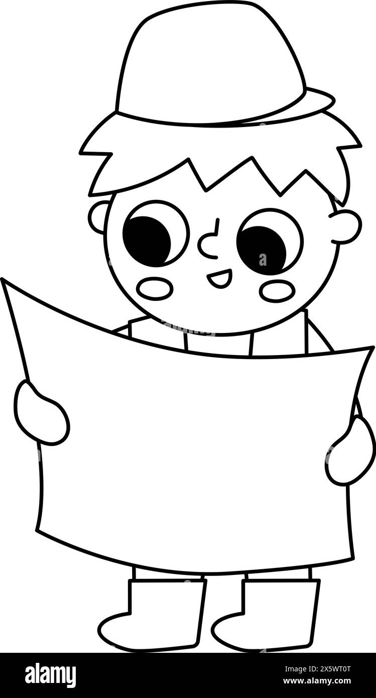 Vector black and white cartoon builder with plan. Cute line repairmen ...