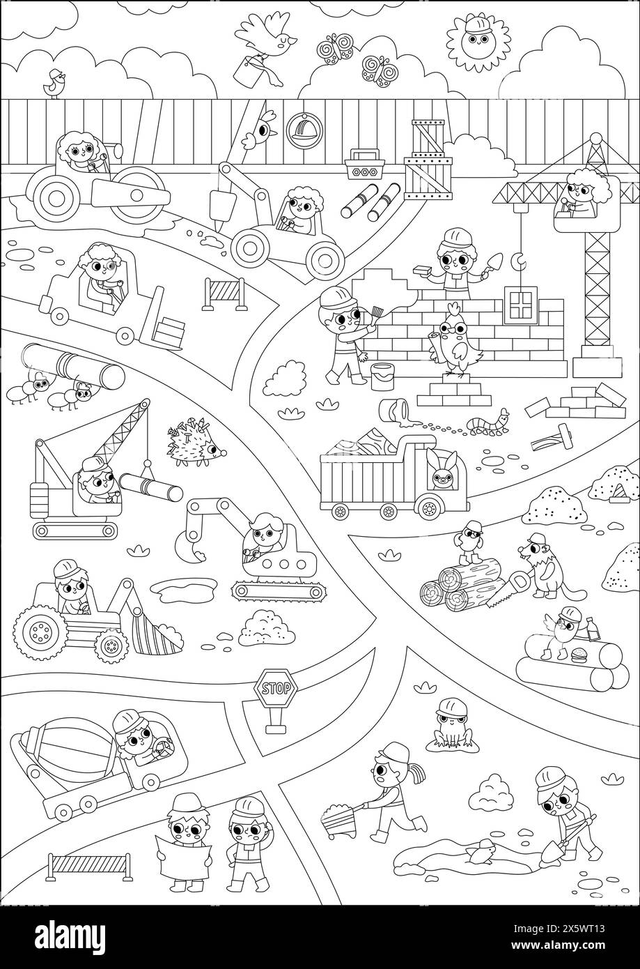 Vector black and white construction site and road work vertical ...