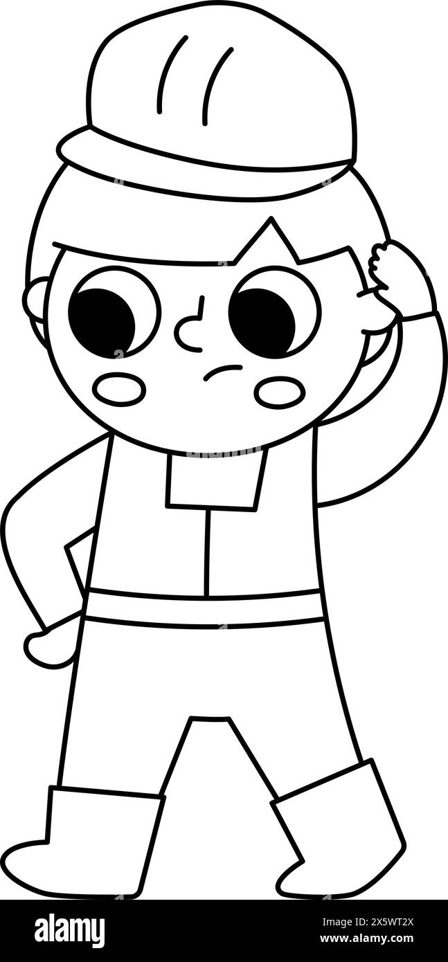 Vector black and white cartoon confused builder scratching his head ...