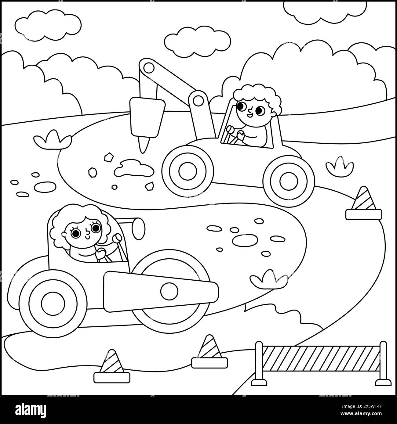 Vector black and white road work landscape illustration. Line scene ...