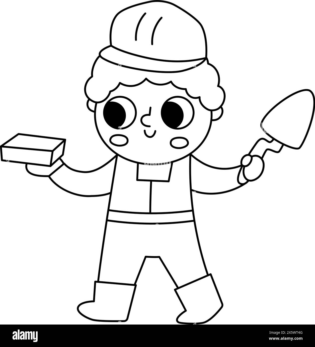 Vector black and white cartoon builder with brick and spatula. Cute ...