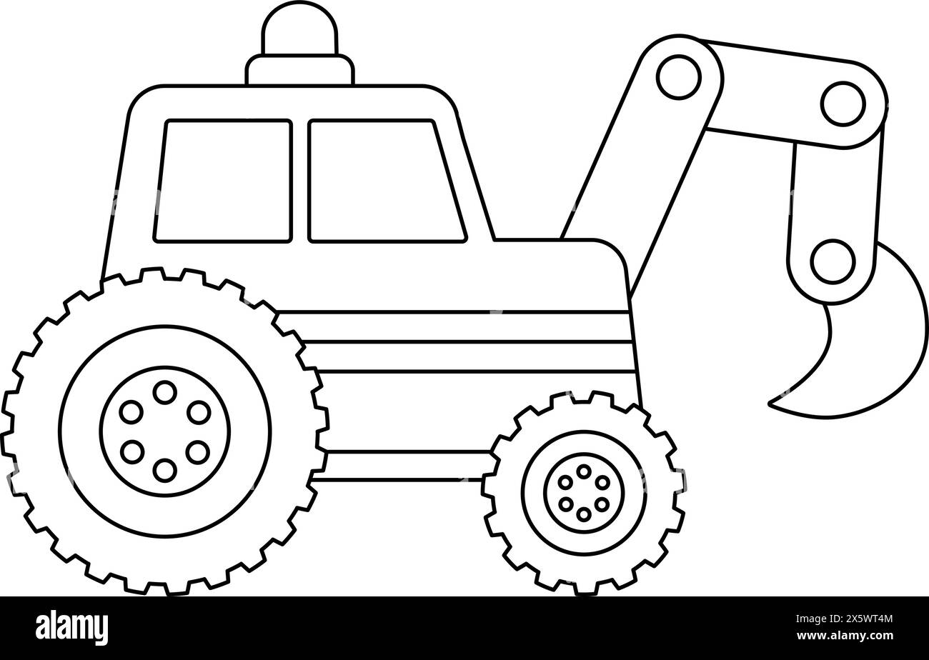 Vector black and white tractor with digger. Construction site, road ...