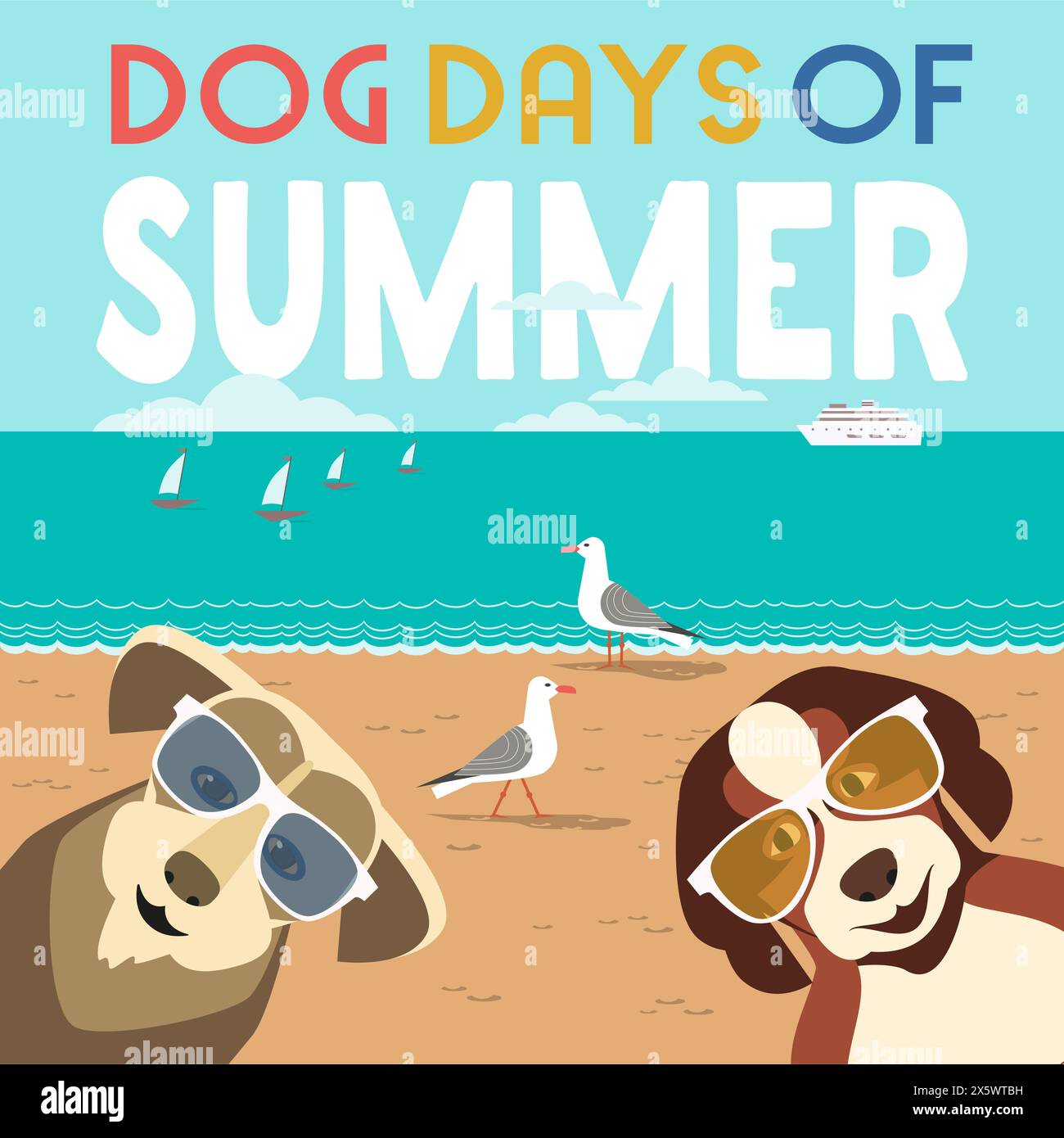 Dog days of summer on sea beach cute vector poster. Cute comic cartoon ...
