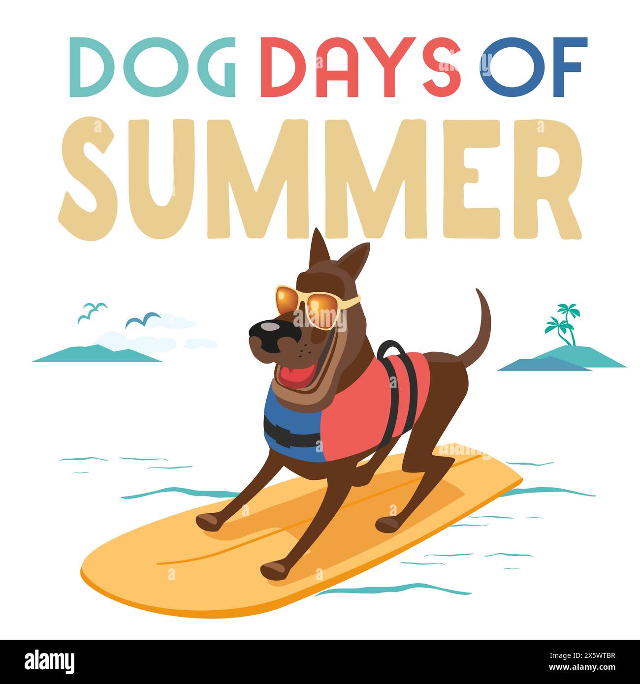 Dog Days of Summer on sea beach fancy vector poster. Cute dog in ...