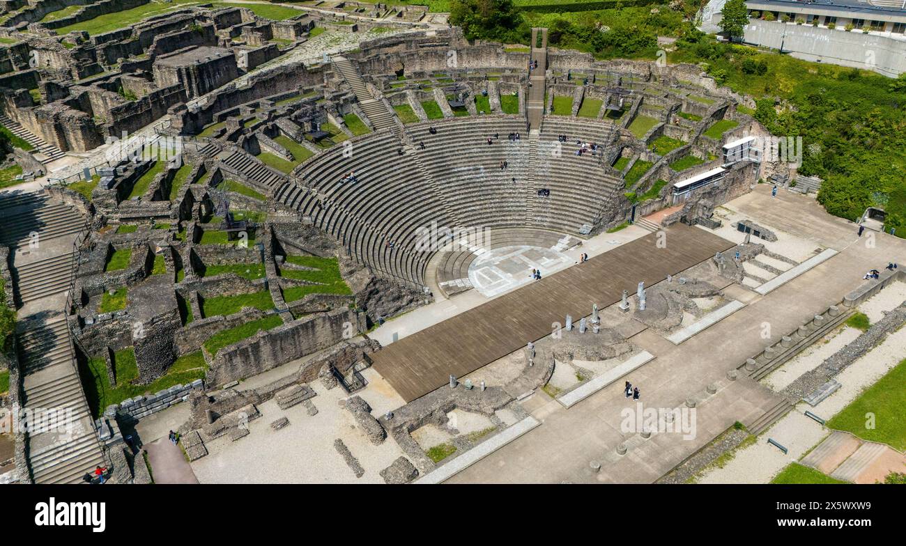 Aerial view of Ancient Theatre of Fourvière, and The Odeon of Lyon ...