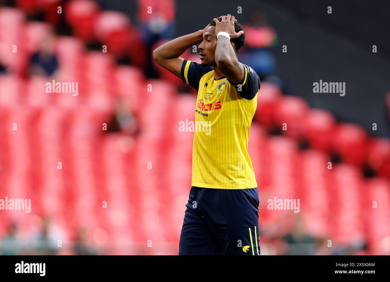 Solihull Moors's Tyrese Shade reacts after missing a penalty during the ...
