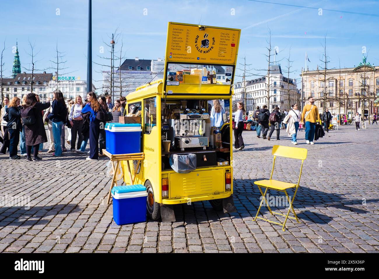 Copenhagen, Denmark - April 6, 2024: Small yellow tuk-tuk mobile cafe ...