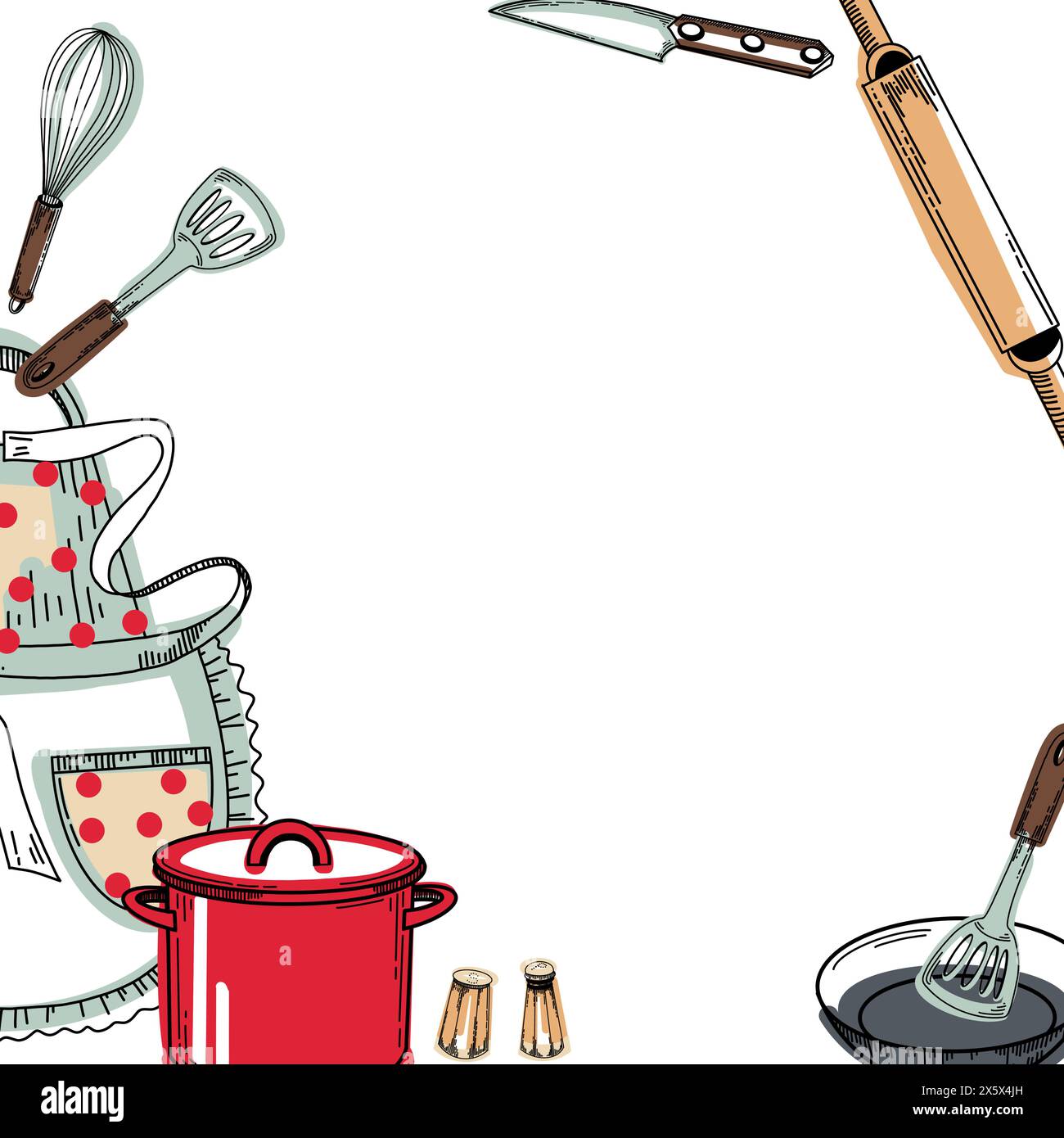 Frame with kitchen utensils: a red saucepan, a frying pan, a polka dot ...