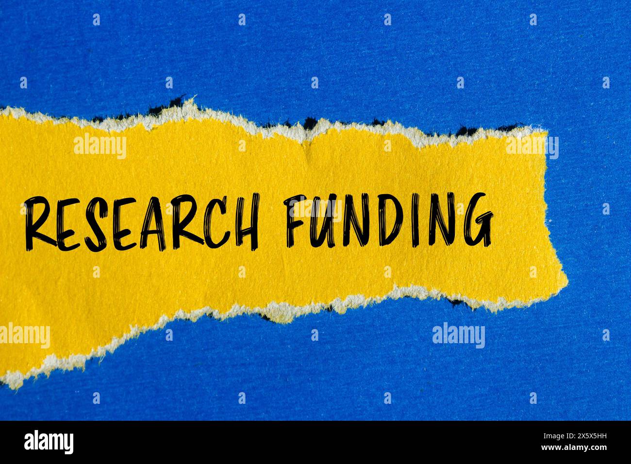 Research funding words written on ripped yellow paper with blue ...