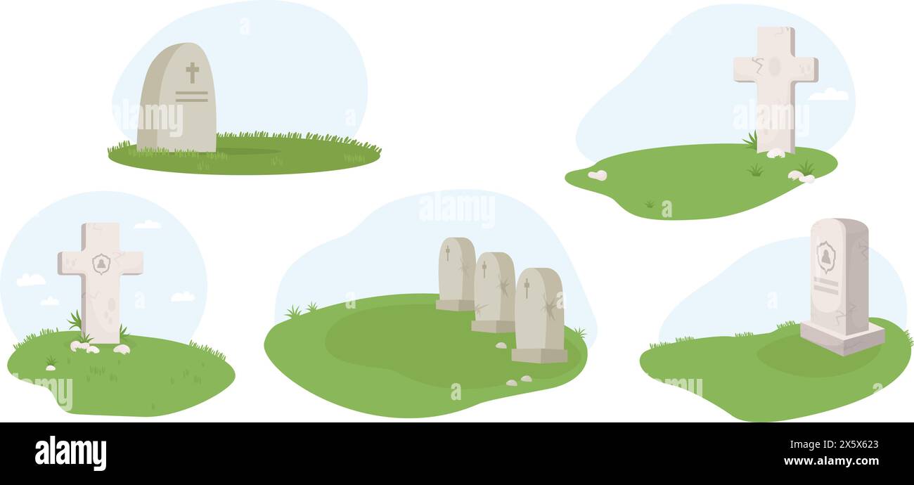 Cemetery. Collection of grave crosses, tombstones, stone graves in grass. Isolated vector ...
