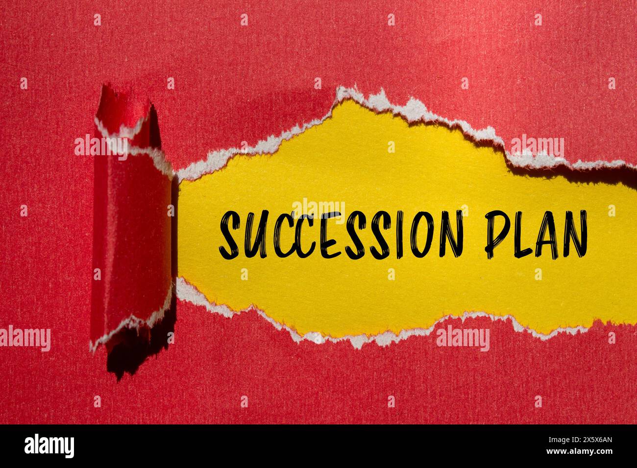 Succession plan words written on ripped red paper with yellow ...