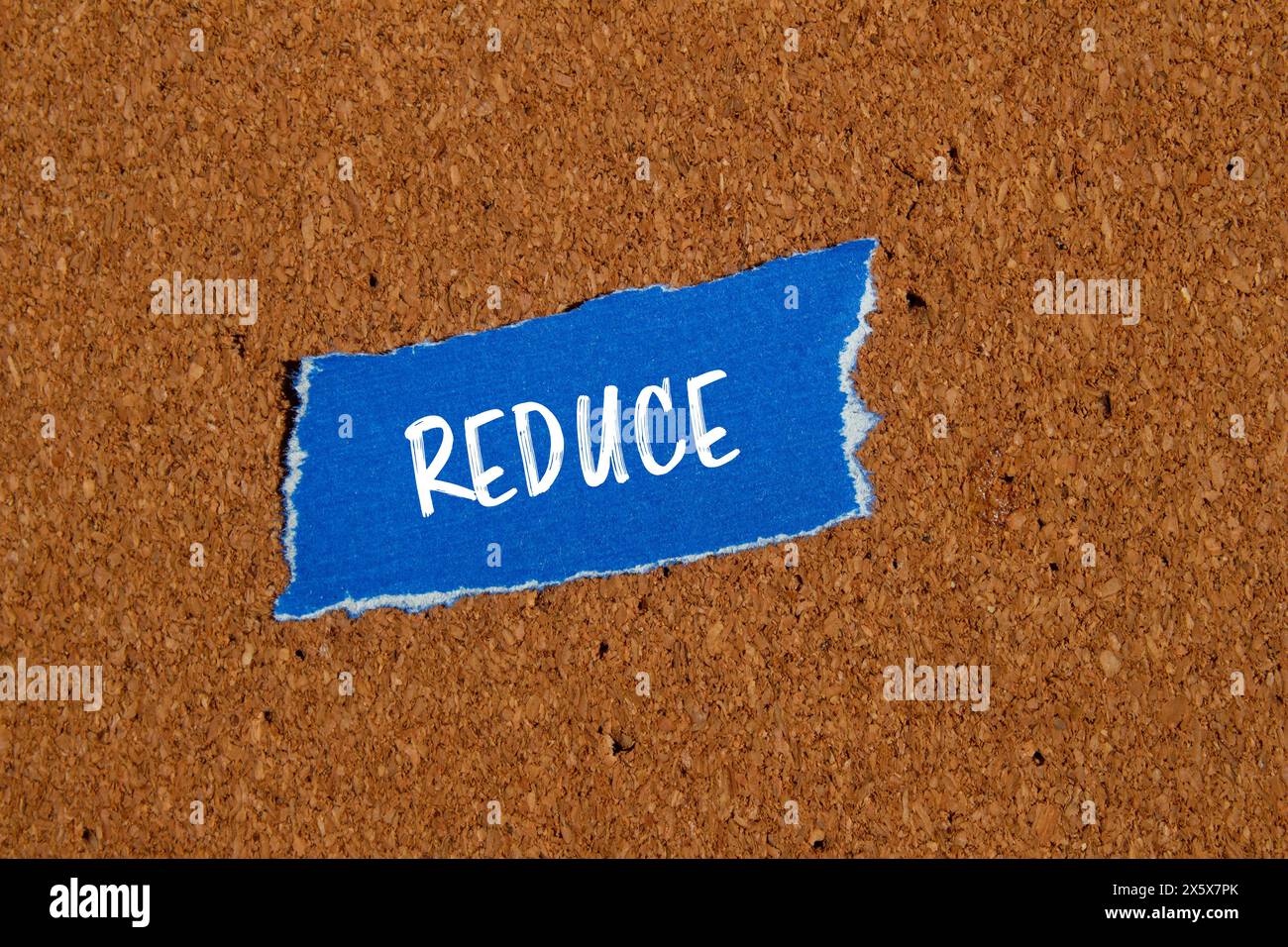 Reduce word written on ripped blue paper piece with brown background ...
