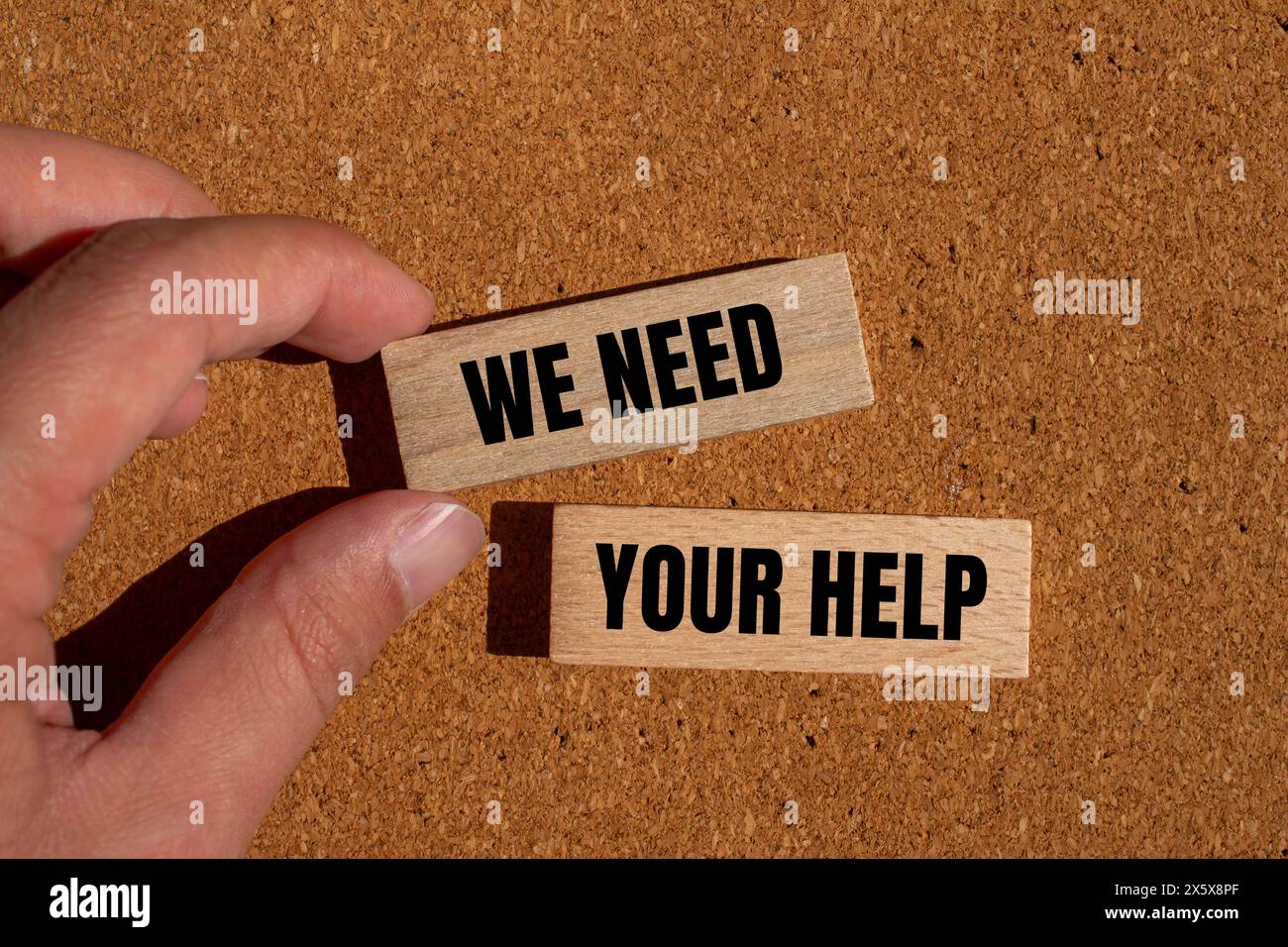 We need your help words written on wooden blocks with brown background ...
