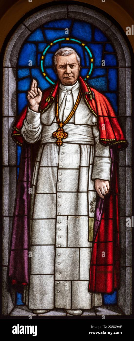 MILAN, ITALY - MARCH 4, 2024: The St. pope Pius X on the stained glass ...
