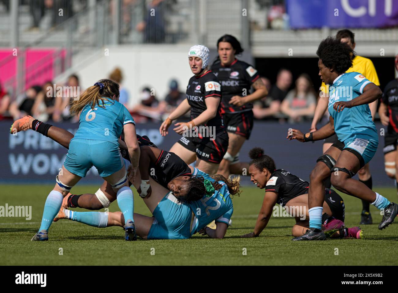 London, UK. 11th May, 2024. Sharifa Kasolo of Saracens Women tackles ...