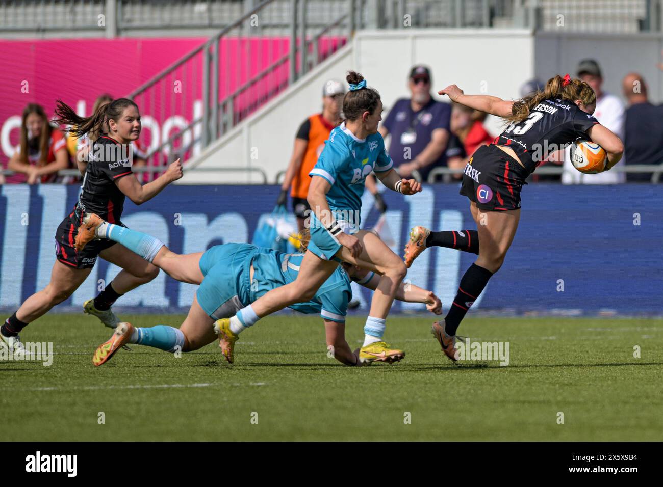 London, UK. 11th May, 2024. Sydney Gregson of Saracens Women is tackled ...