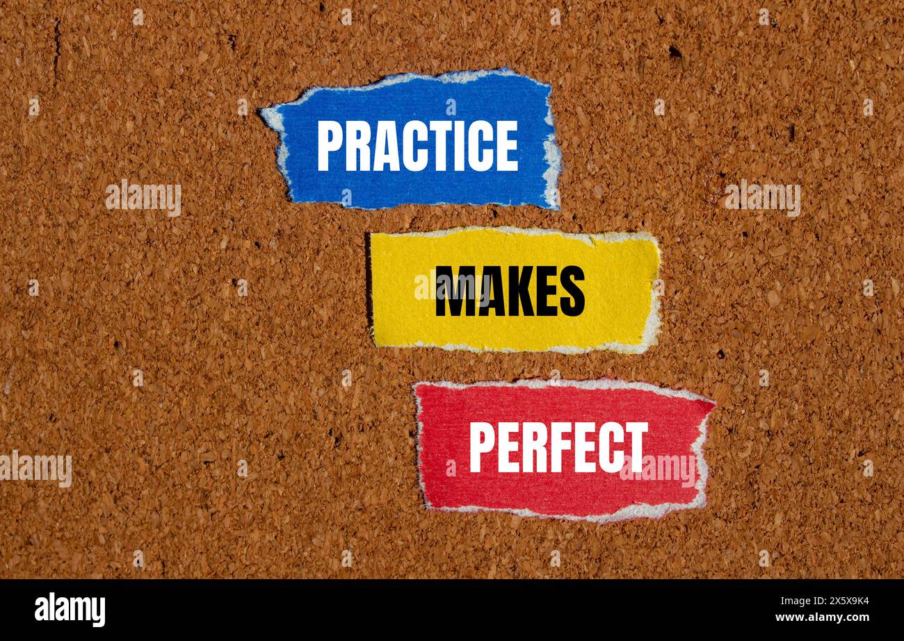 Practice makes perfect words written on ripped paper pieces with brown background. Conceptual ...