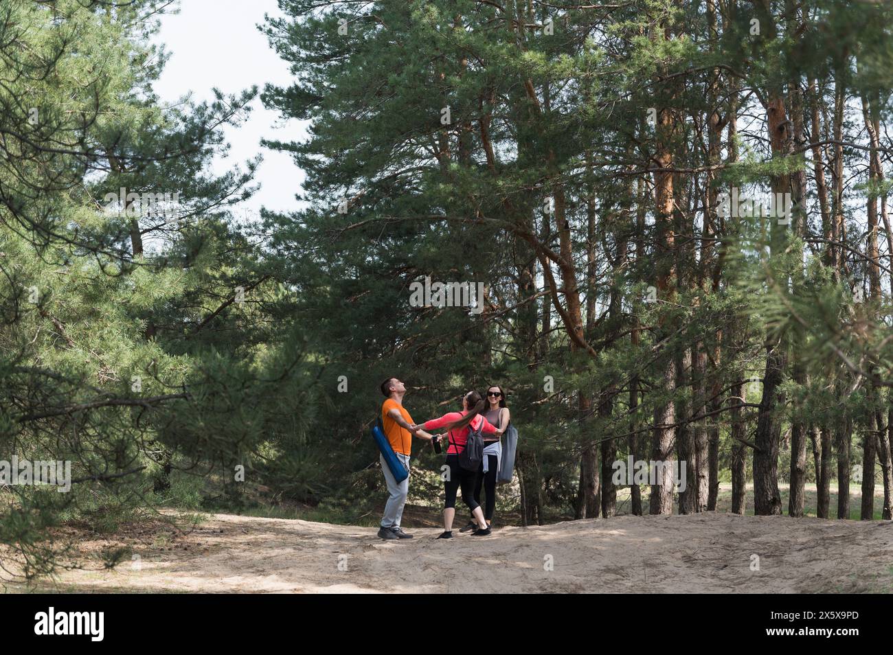 Three friends stand in a circle holding hands in a forest clearing ...