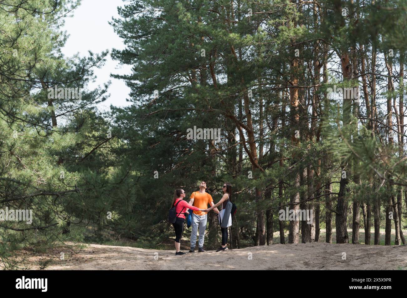 Three friends stand in a circle holding hands in a forest clearing ...