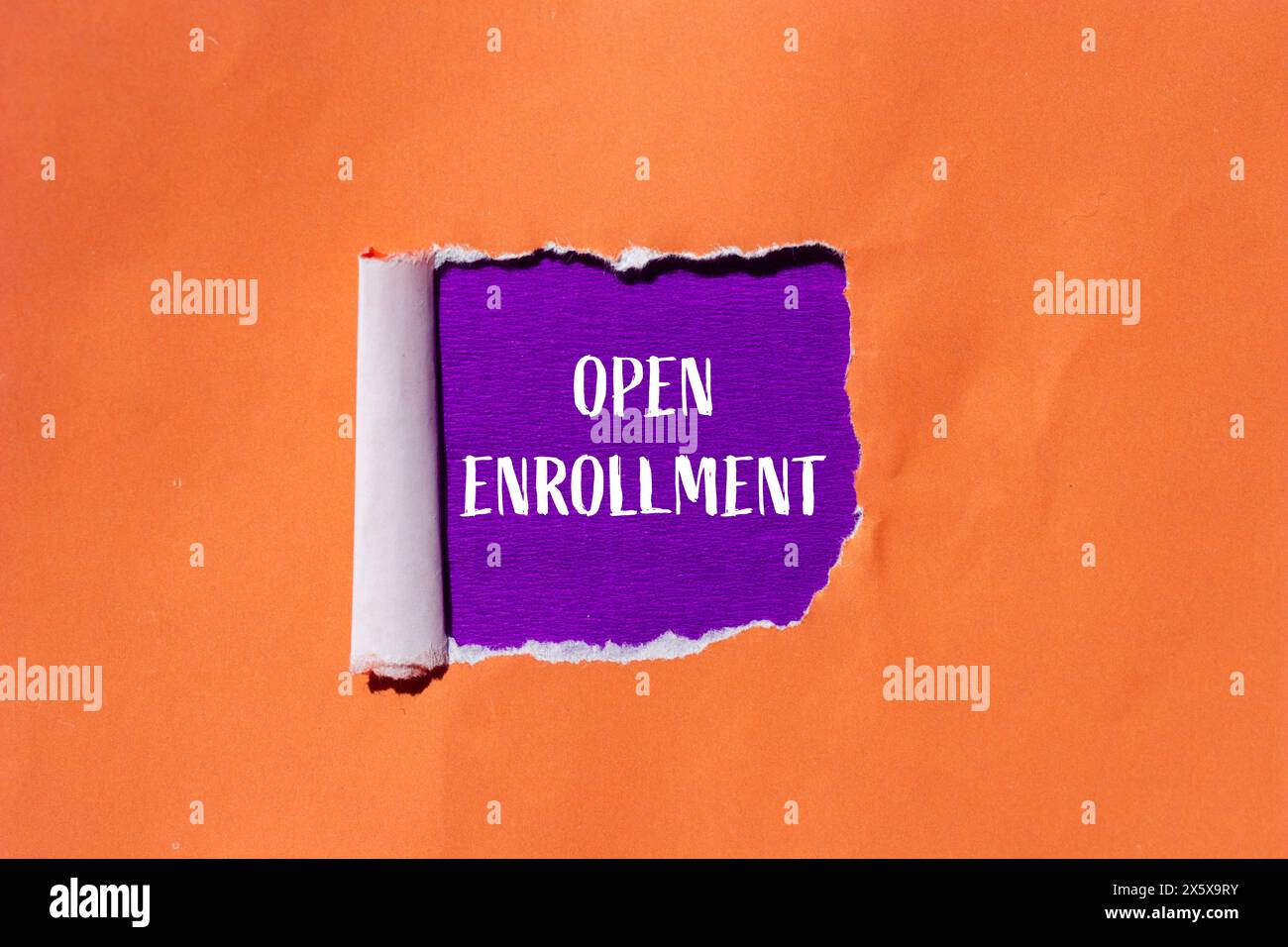 Open enrollment words written on ripped orange paper with purple ...