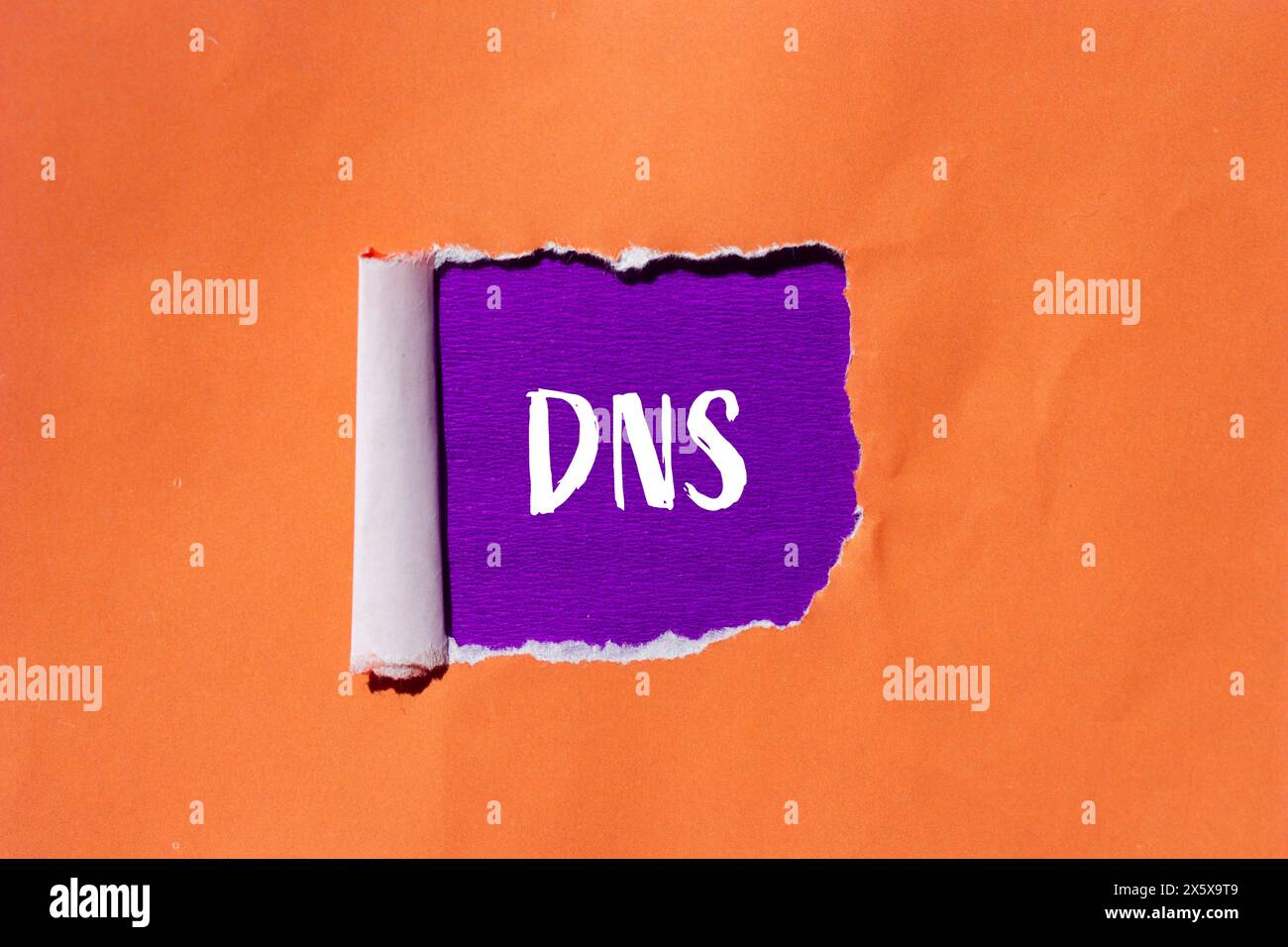 DNS word written on ripped orange paper with purple background. Conceptual DNS symbol. Copy ...