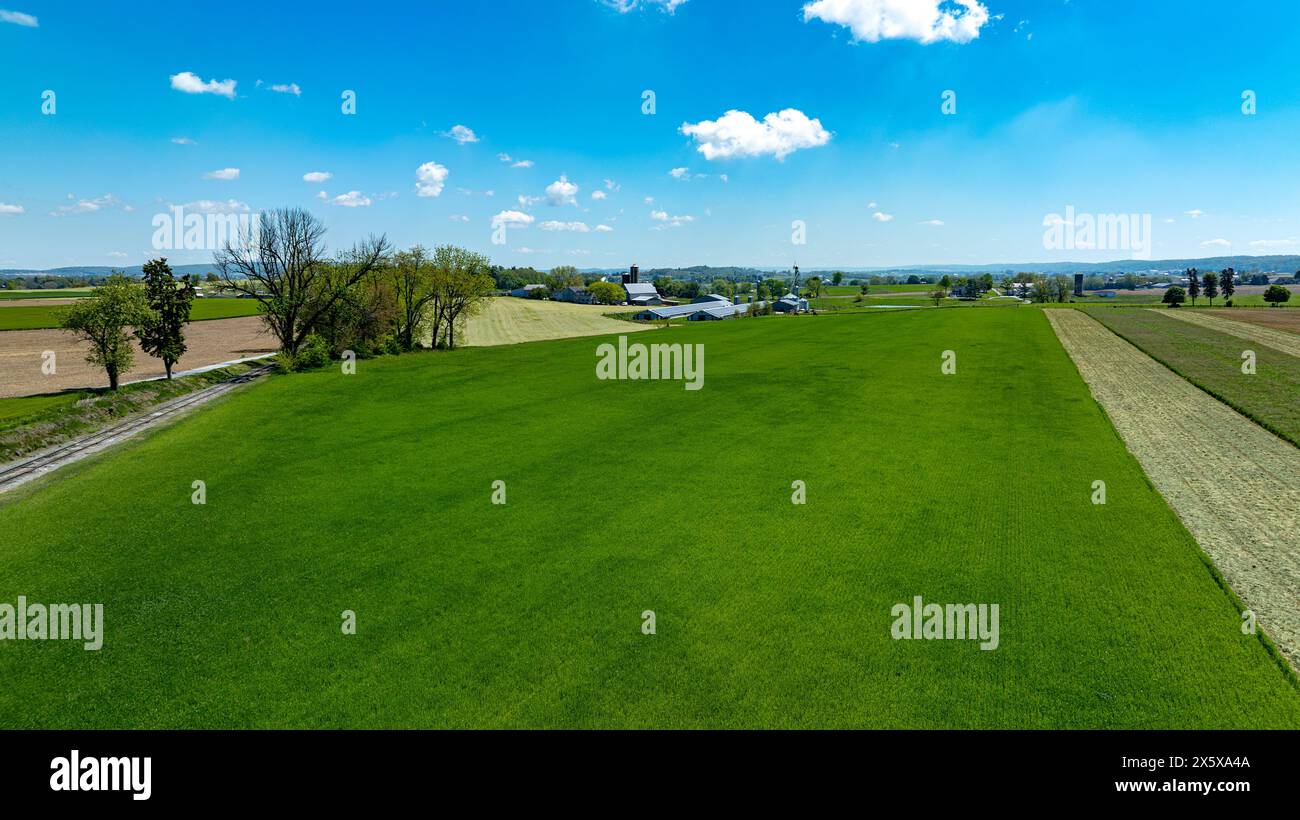 A vibrant aerial view of lush green and freshly tilled brown farmland ...
