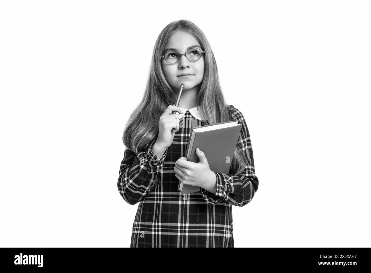 thinking school girl reader hold diary in studio. school girl reader ...
