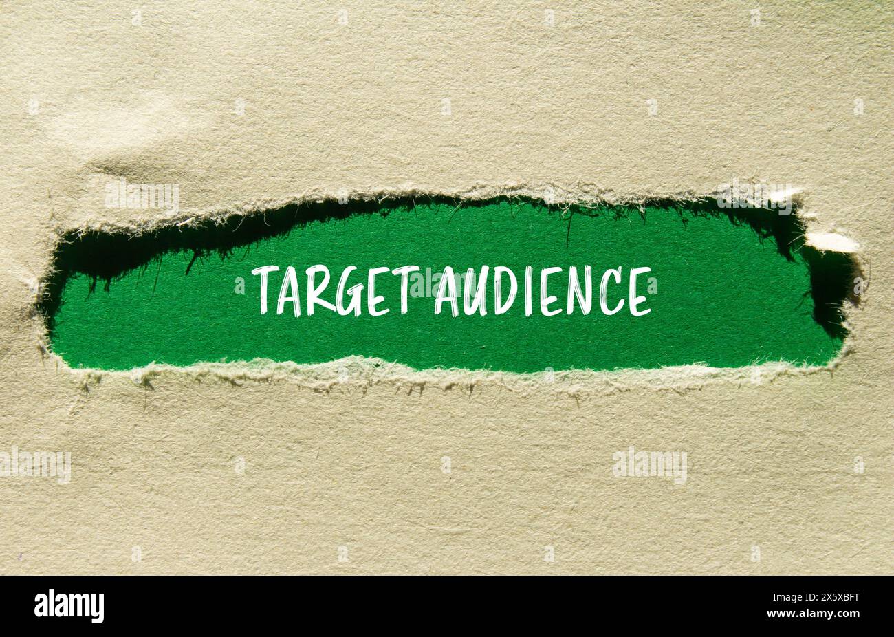 Target audience words written on ripped paper with green background ...