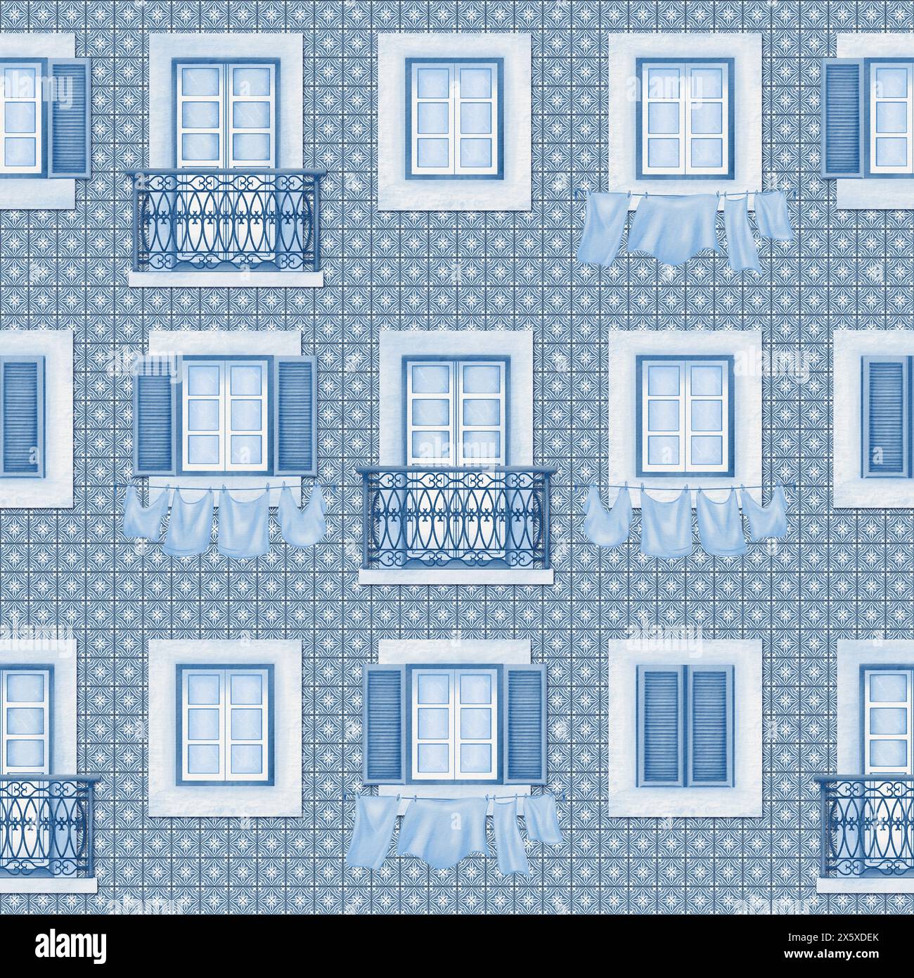 Balconies and windows in a seamless pattern with wooden shutters and ...