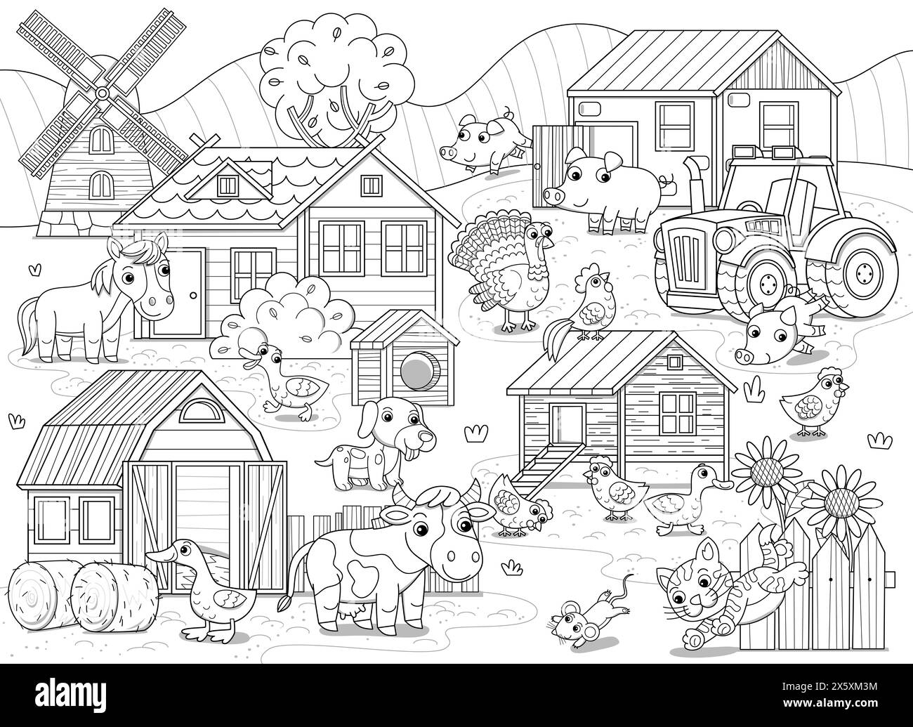 cartoon scene with farm ranch village buildings windmill barn chicken ...