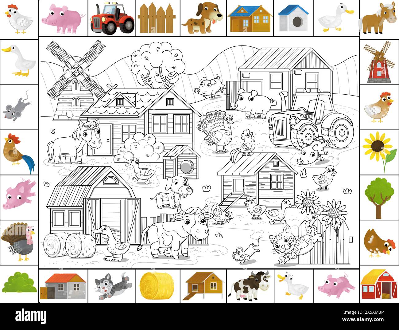 cartoon scene with farm ranch village buildings windmill barn chicken ...