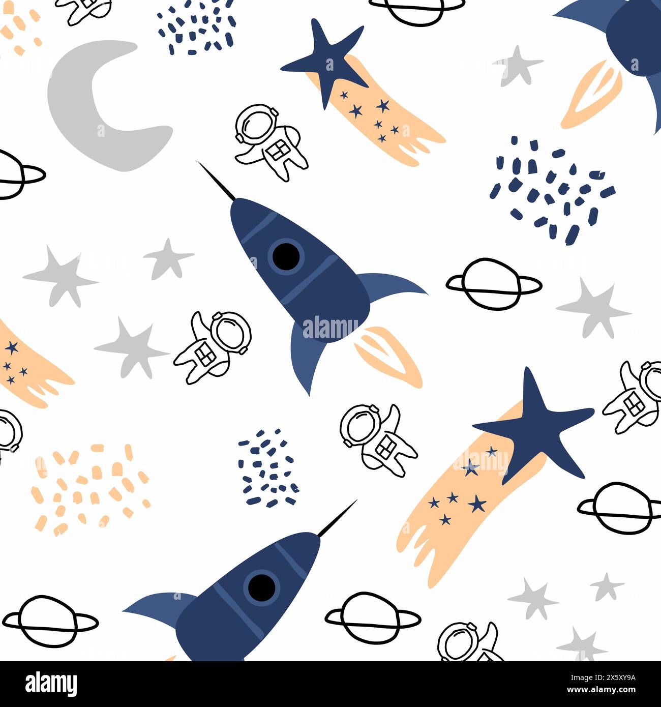 Hand-Drawn Space Pattern with Astronaut, Rocket, Stars, and Planets ...