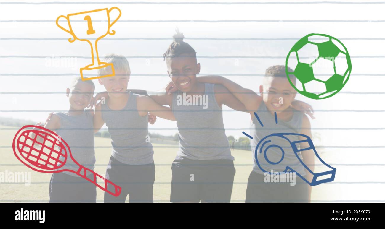 Image of colourful sports icons over happy diverse schoolboys embracing ...