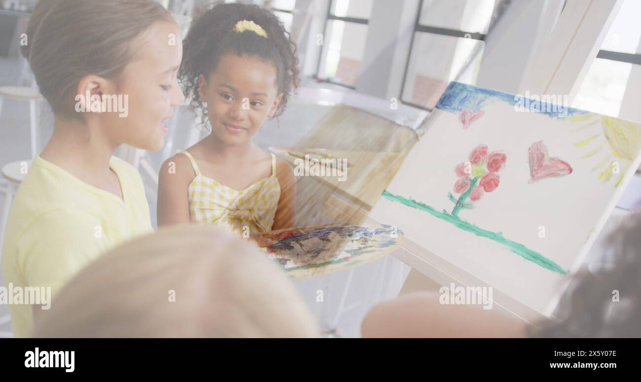 Image of paint brush over happy diverse schoolgirls talking and ...