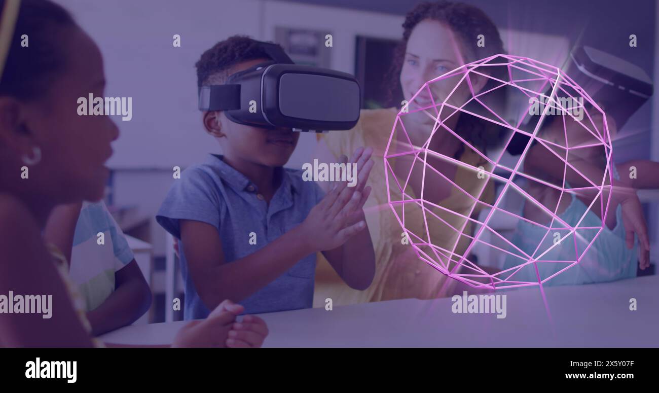 Image of 3d shapes over happy diverse female teacher with pupils in vr ...